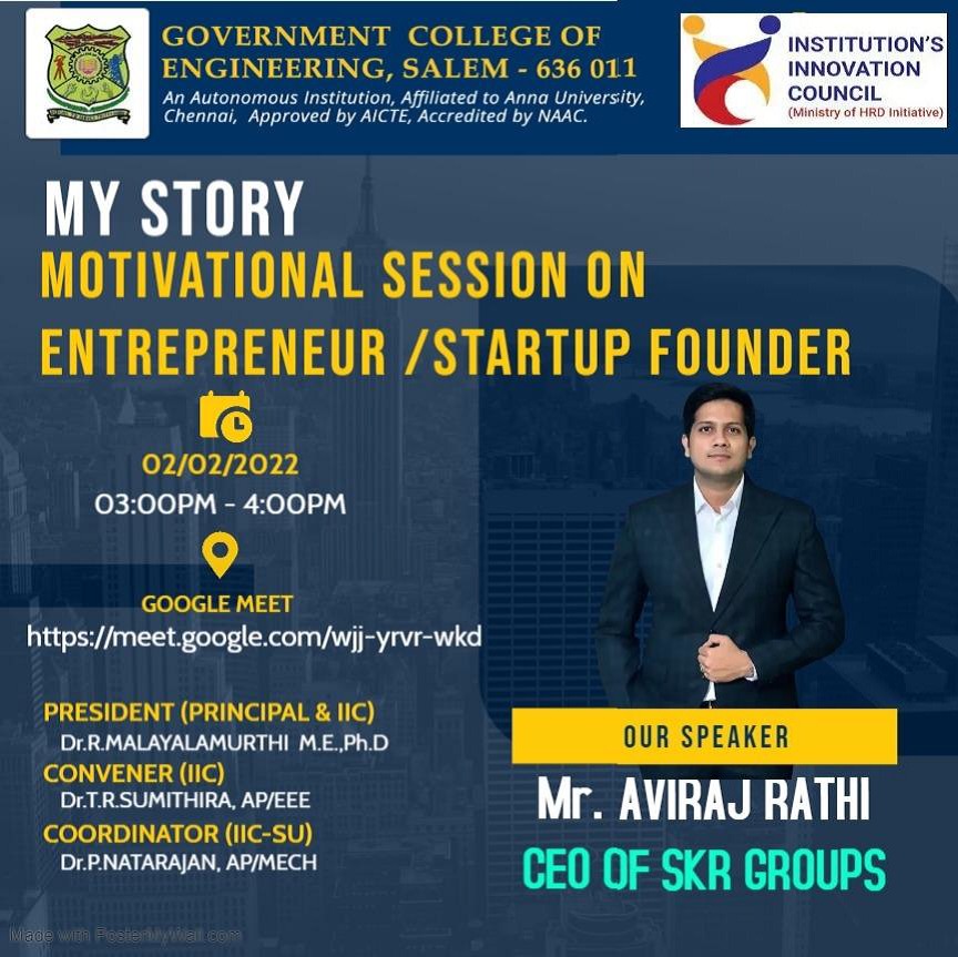My Story - Motivational Session by Successful Entrepreneur/Start-up founder - Conducted by MECH ...